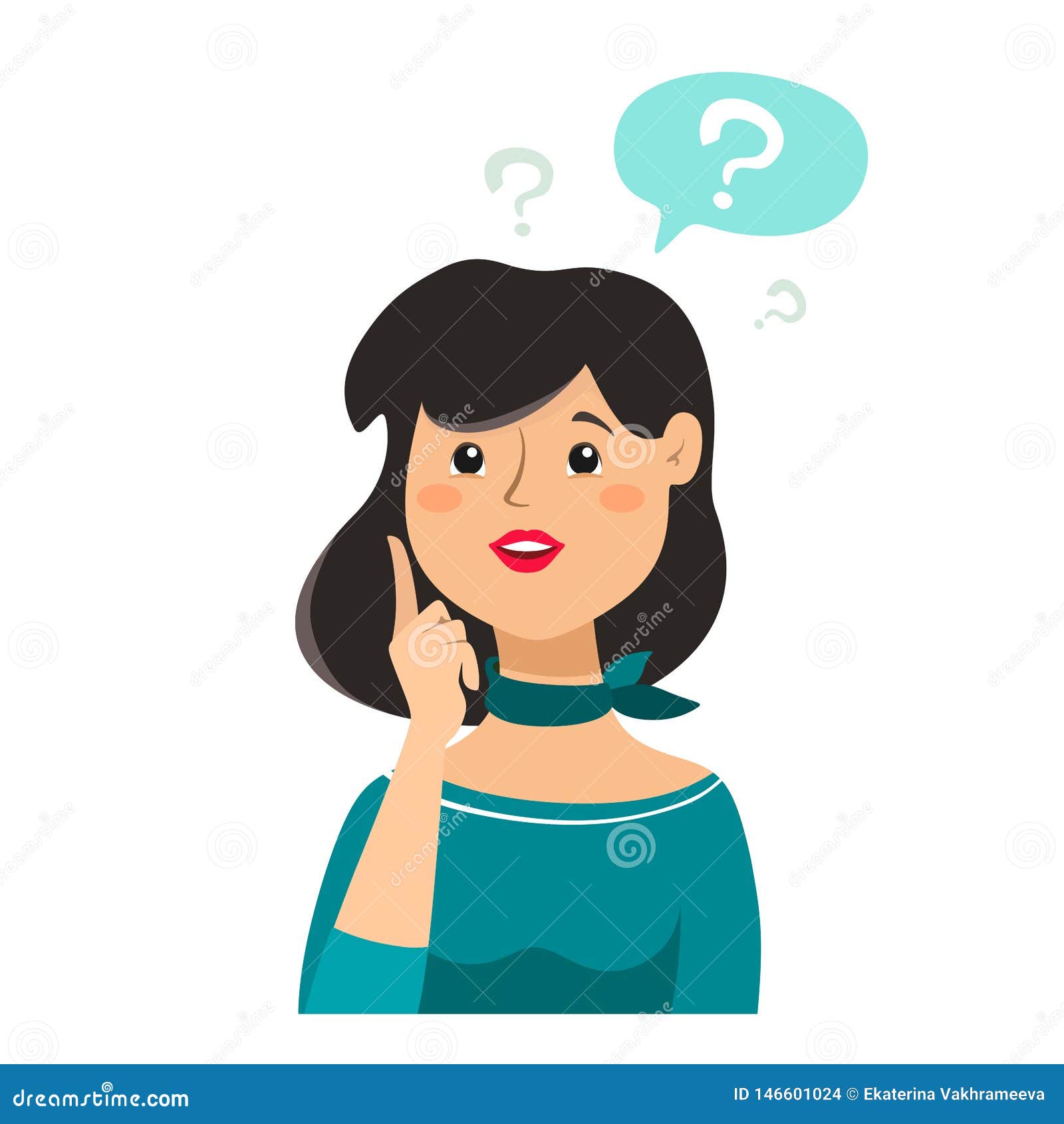 Thinking Woman with Question Marks. Vector Cartoon Illustration on ...