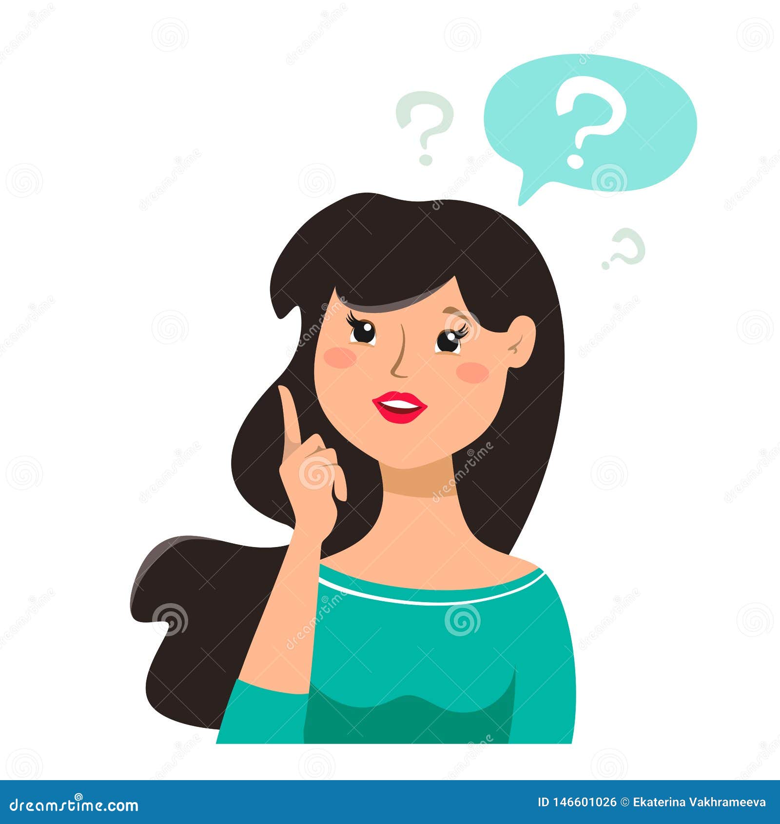 Thinking Woman with Question Marks. Vector Cartoon Illustration on ... Thinking Woman with Question Marks. Vector Cartoon Illustration on ...