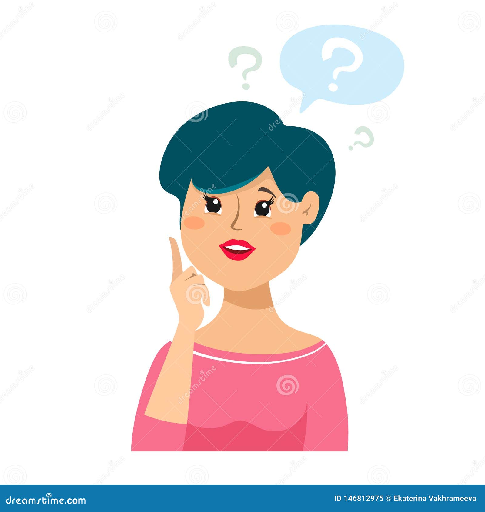 Thinking Woman with Question Marks. Vector Cartoon Illustration on ...