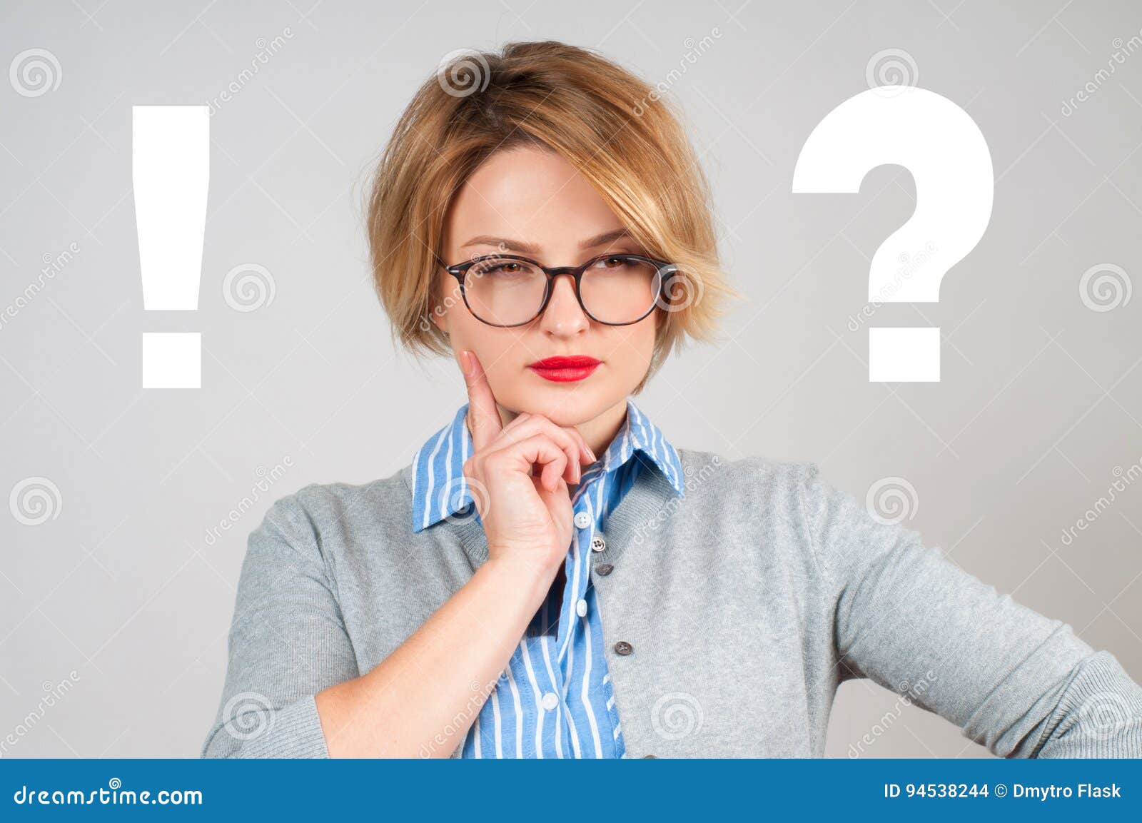 Thinking Woman with Questioning Mark and Exclamation Mark Stock Photo ...