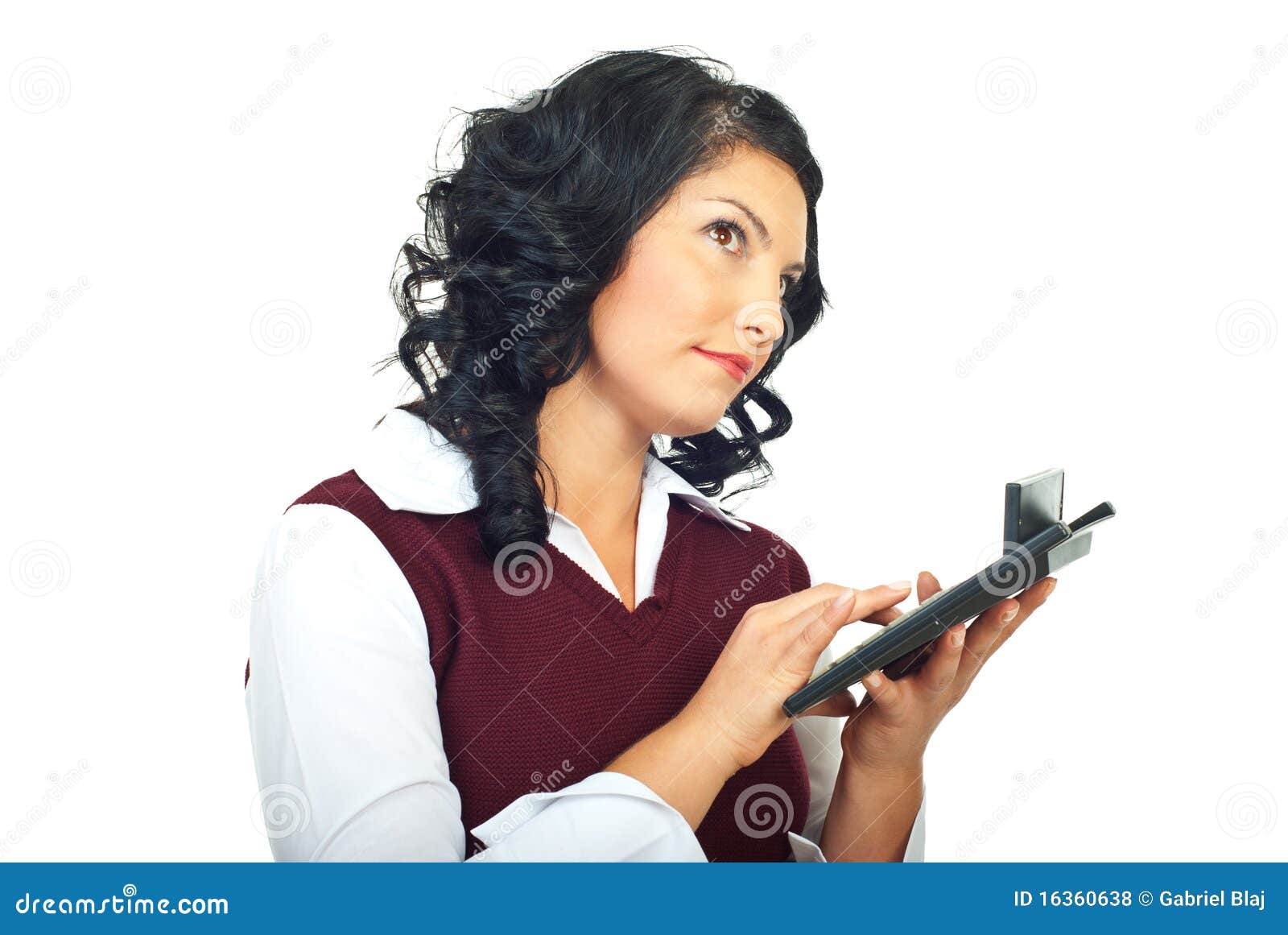 Thinking Woman Using Calculator Stock Photo - Image of background ...