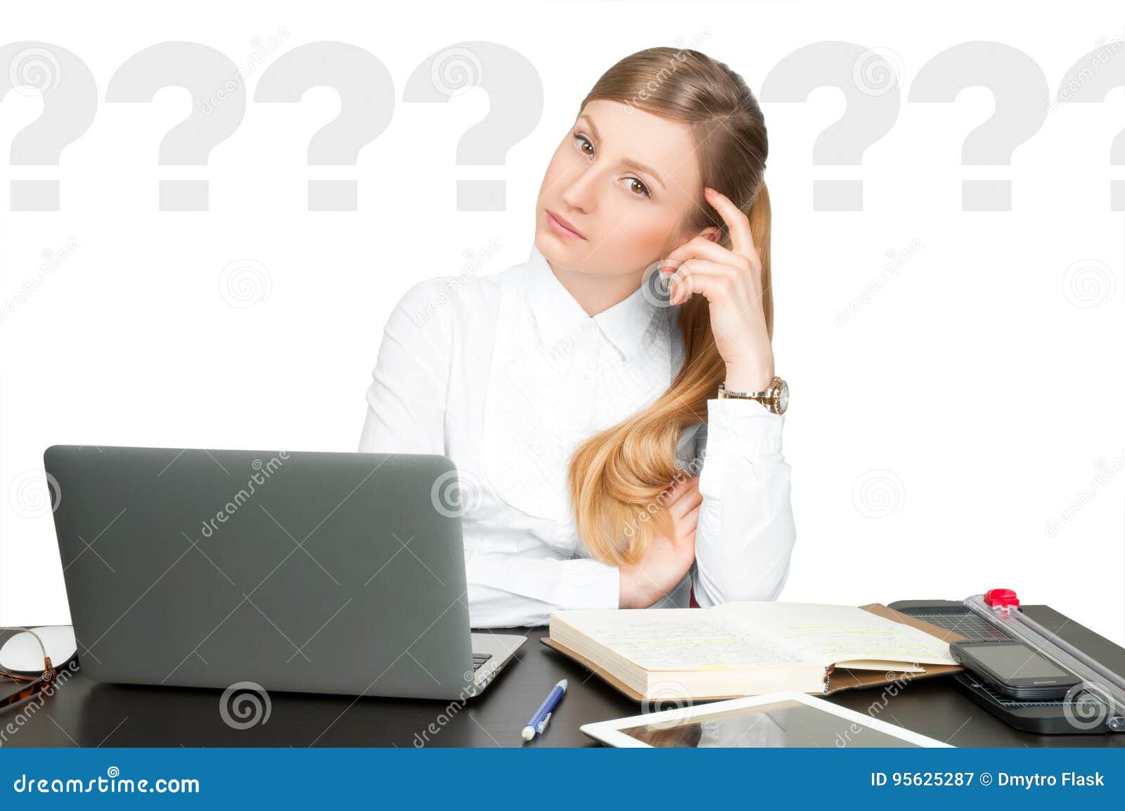 Thinking Women with Question Marks Above Her Head Stock Image - Image ...