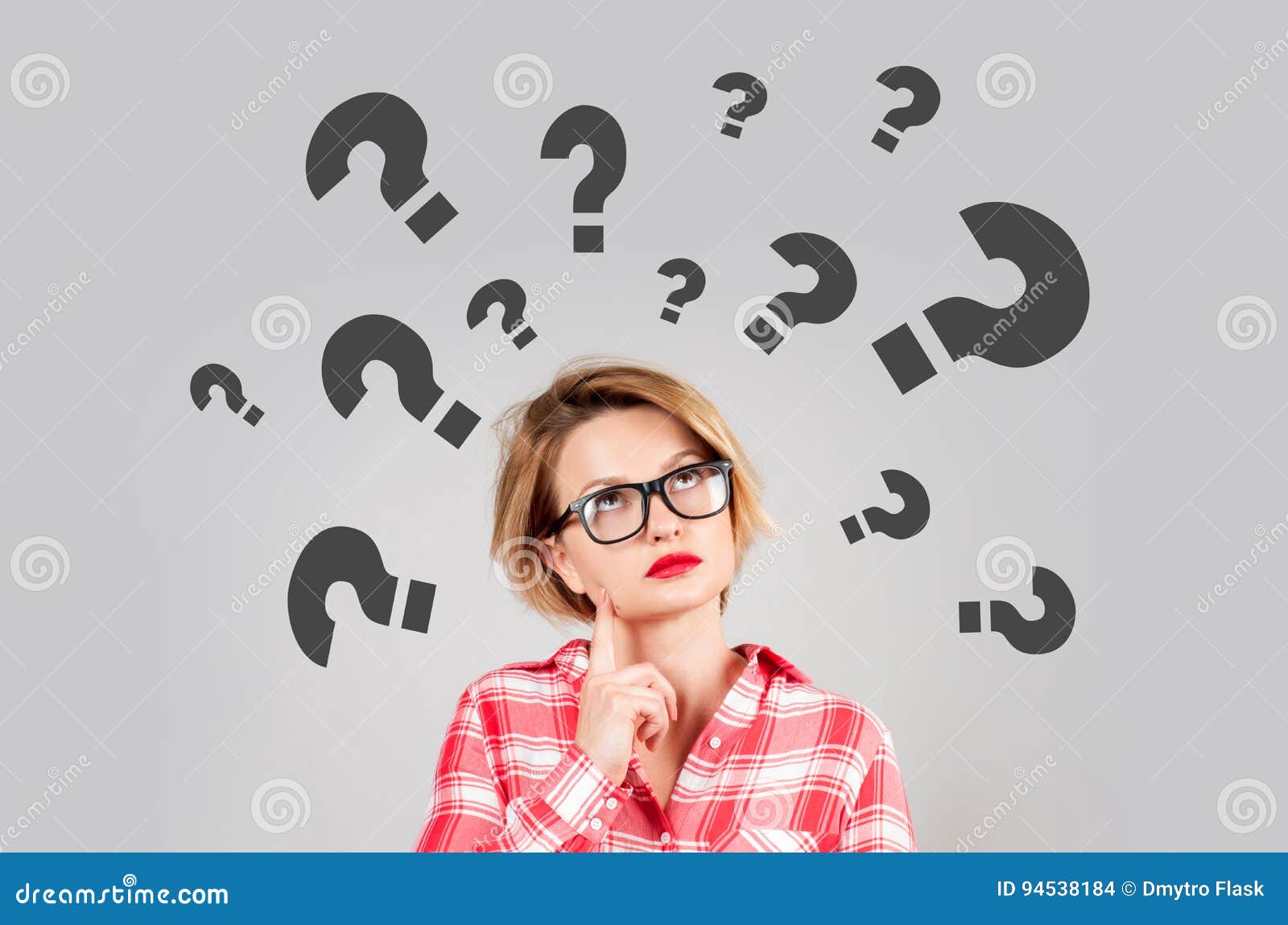 Thinking Women with Question Marks on White Background Stock Photo ...