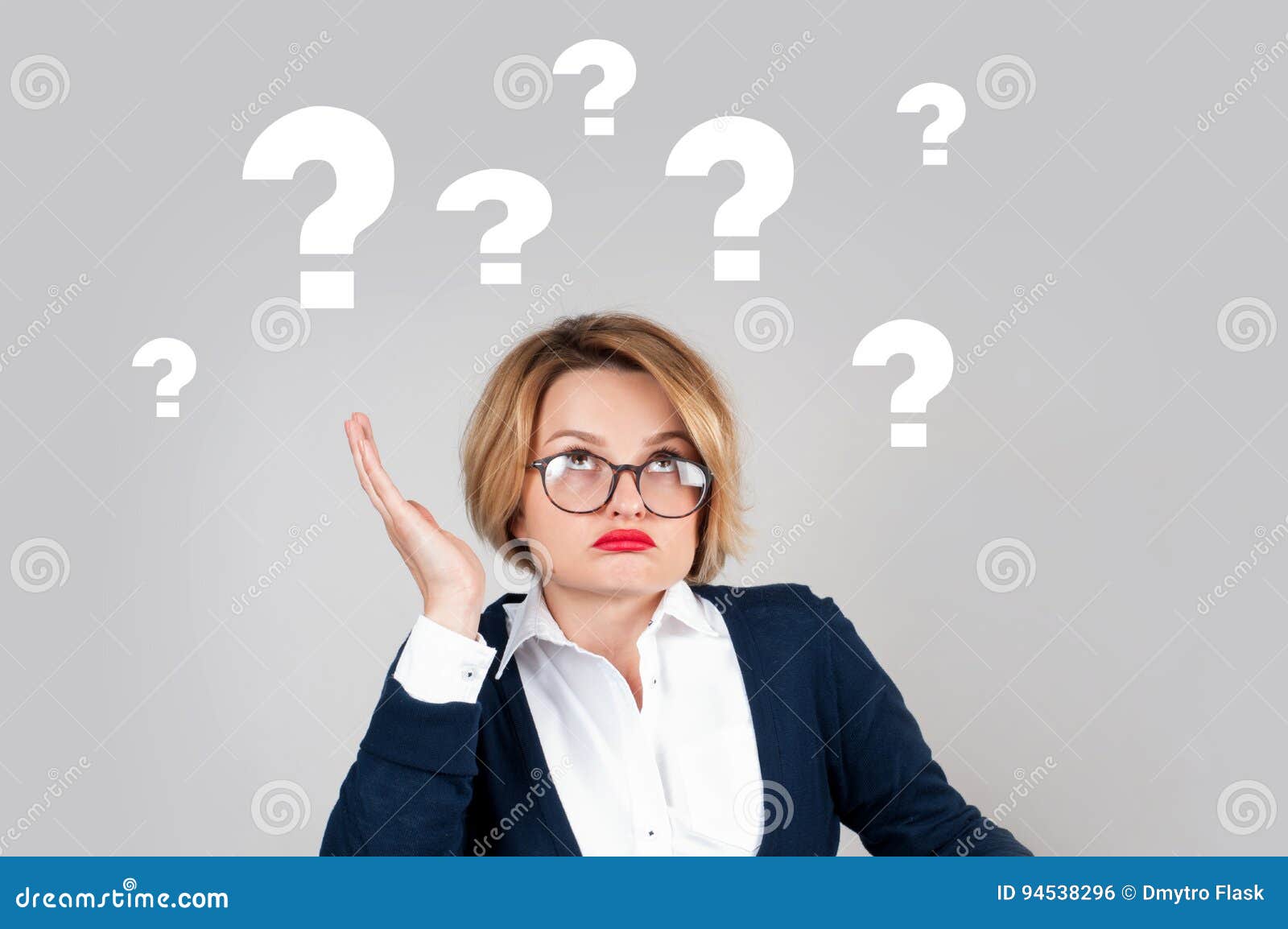 Thinking Women with Question Marks on White Background Stock Photo ...