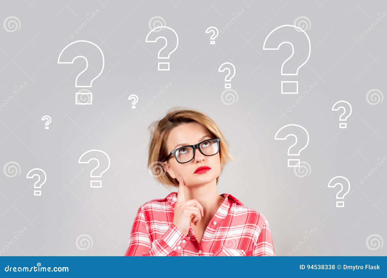 Thinking Women with Question Marks on White Background Stock Photo ...