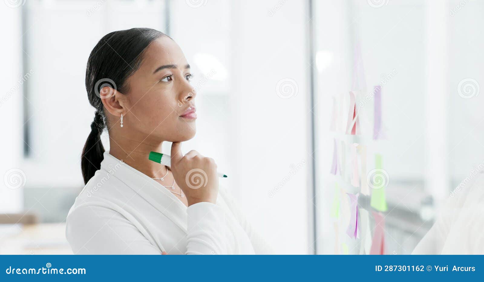 Thinking, Work and a Woman with Notes in an Office for Brainstorming ...