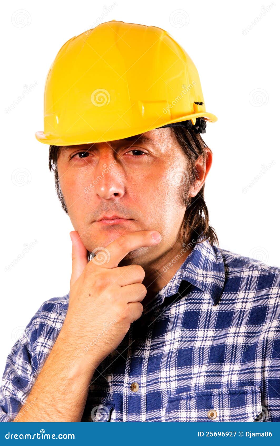 Thinking worker stock image. Image of helmet, industry - 25696927