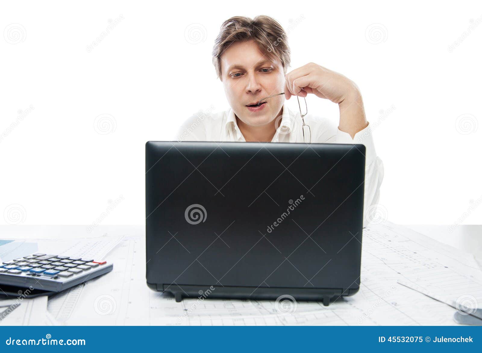 Thinking Young Office Worker with Laptop Isolated Stock Image - Image ...