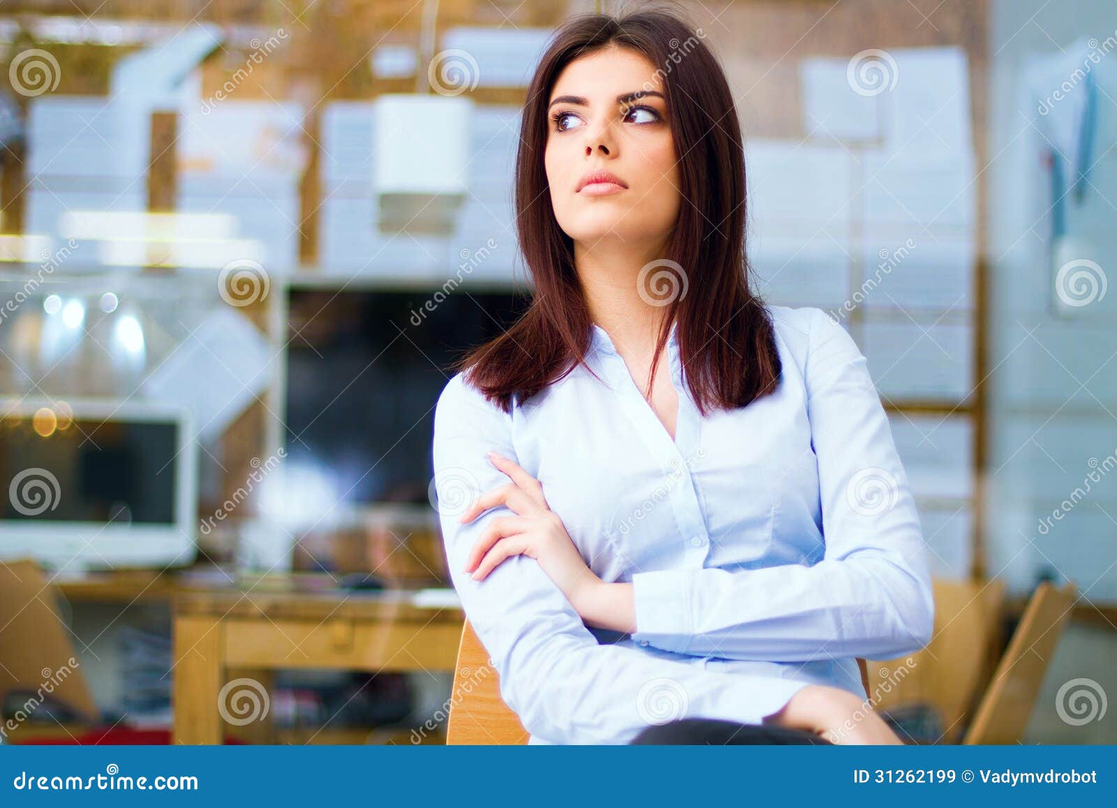 Thinking Young Woman Looking Away in Office Stock Image - Image of ...