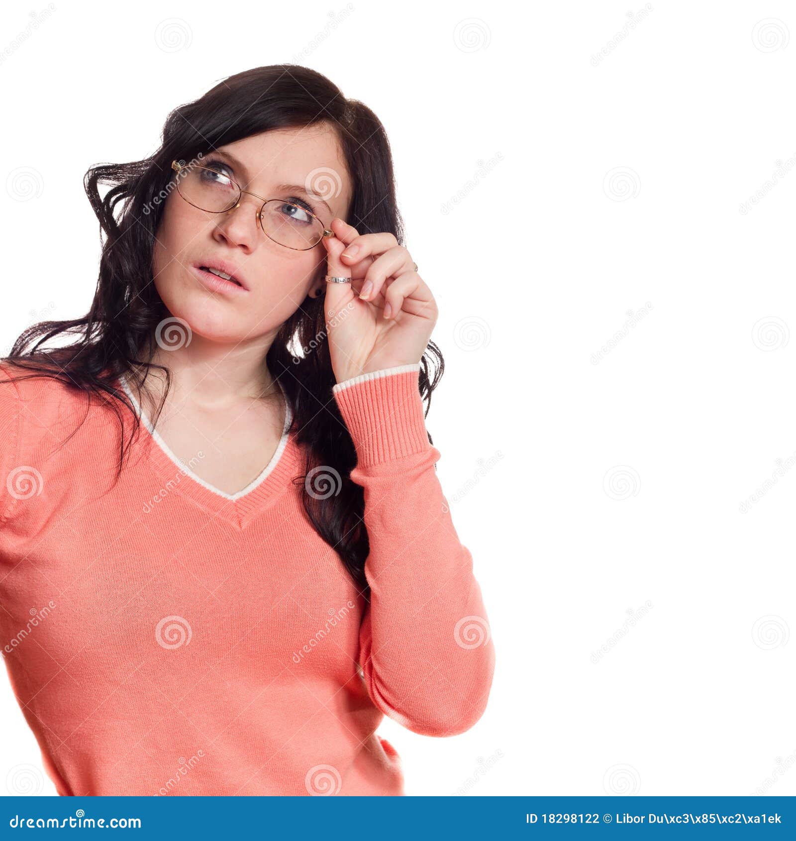 Thinking Young Woman Looking Up Stock Photo - Image of background ...