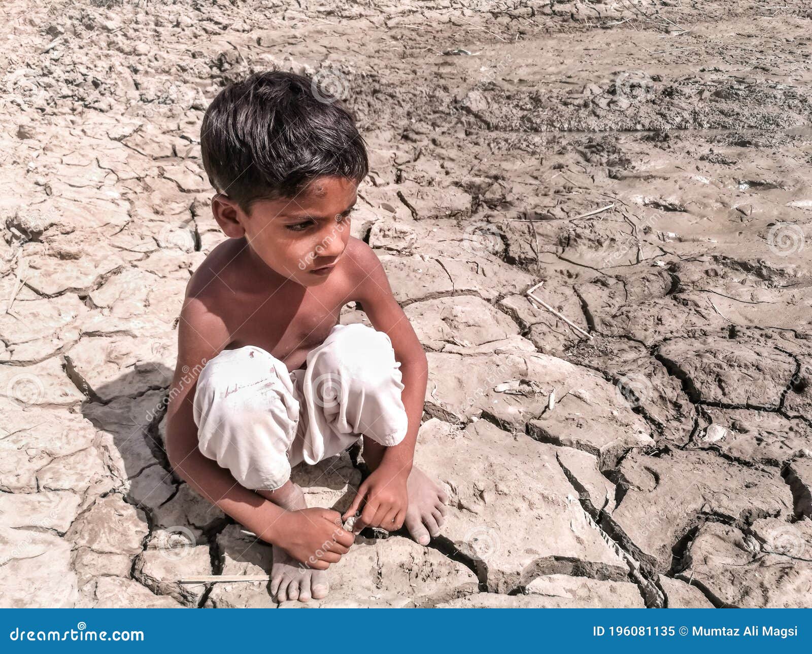 Thirsty Child is Sitting on Dried Land Stock Image - Image of problem ...