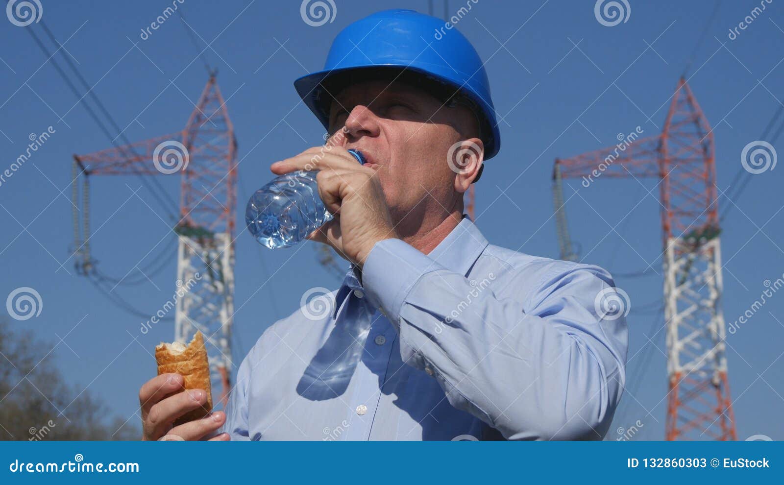 Thirsty Engineer Drink Fresh Water and Eat a Snack Stock Image - Image ...