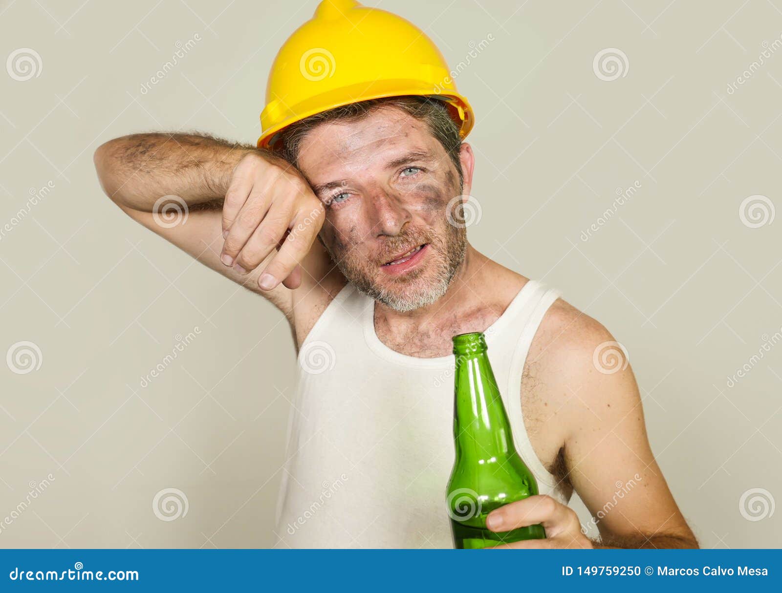 Thirsty and Tired Constructor Worker or Builder Man in Safety Helmet ...