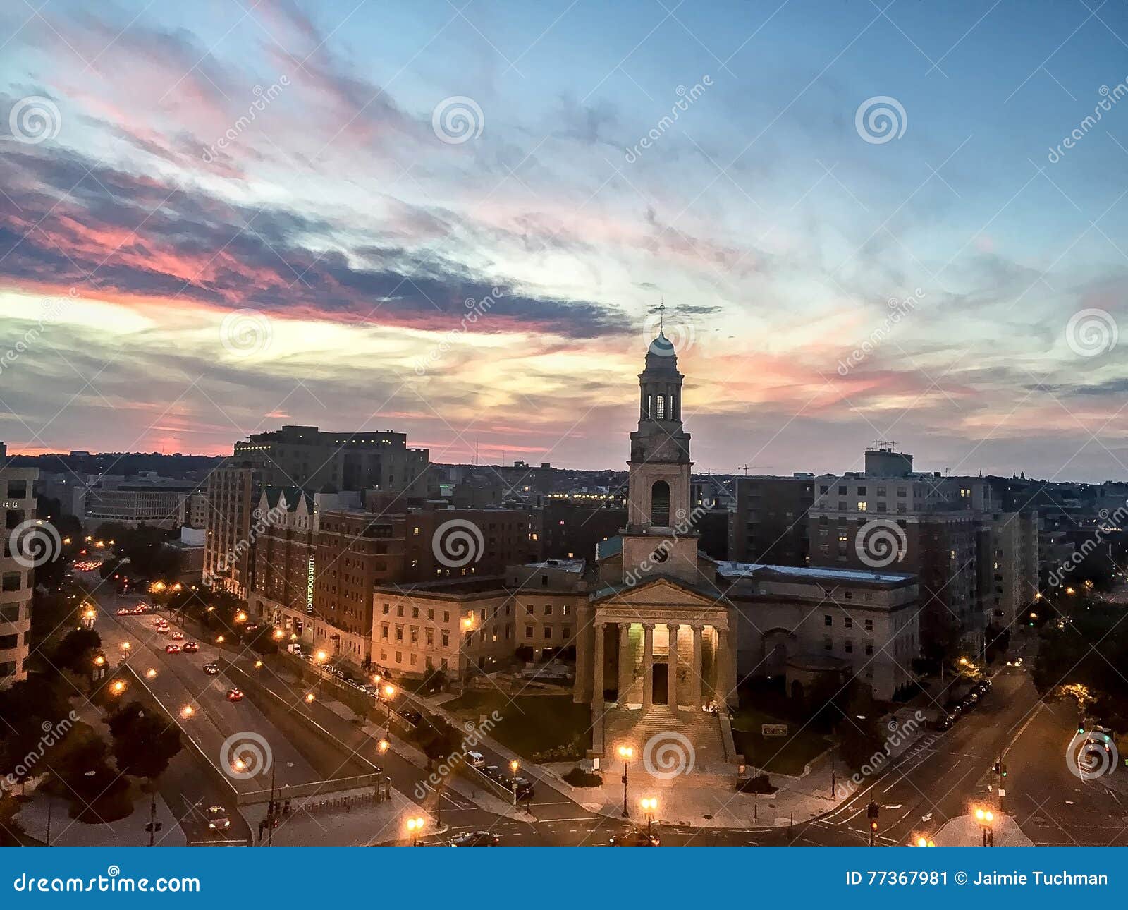Thomas Circle at sunset editorial photo. Image of building - 77367981