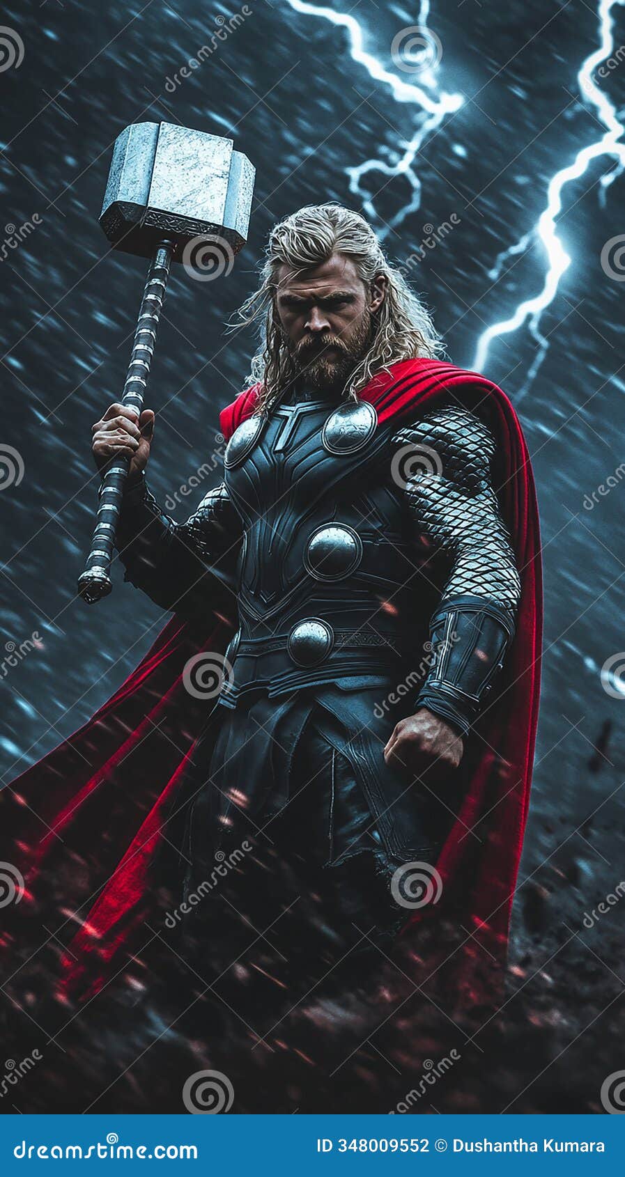 Thor Wielding Mjolnir Amidst a Thunderstorm Stock Illustration ...