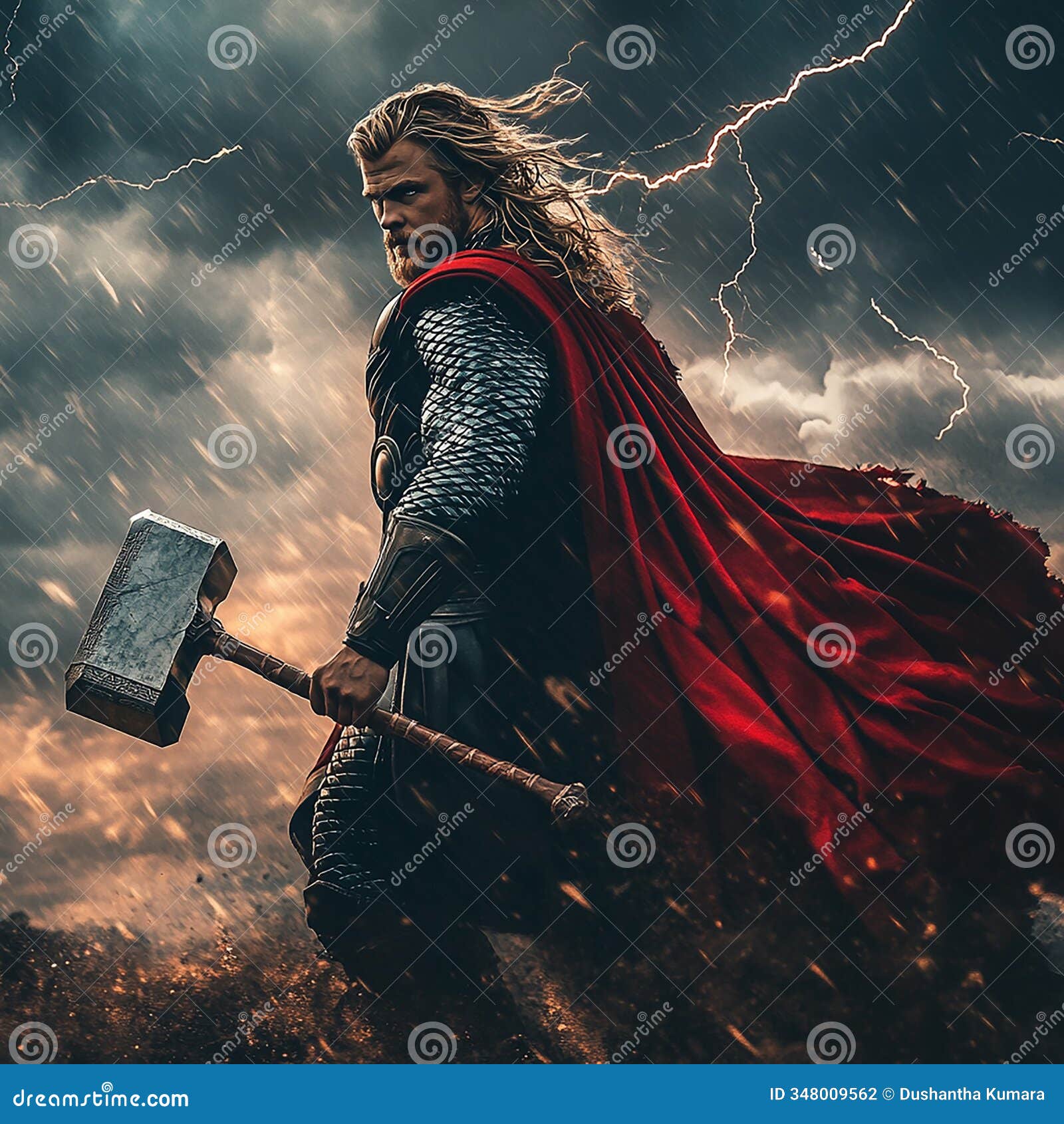 Thor Wielding Mjolnir Amidst a Thunderstorm Stock Illustration ...