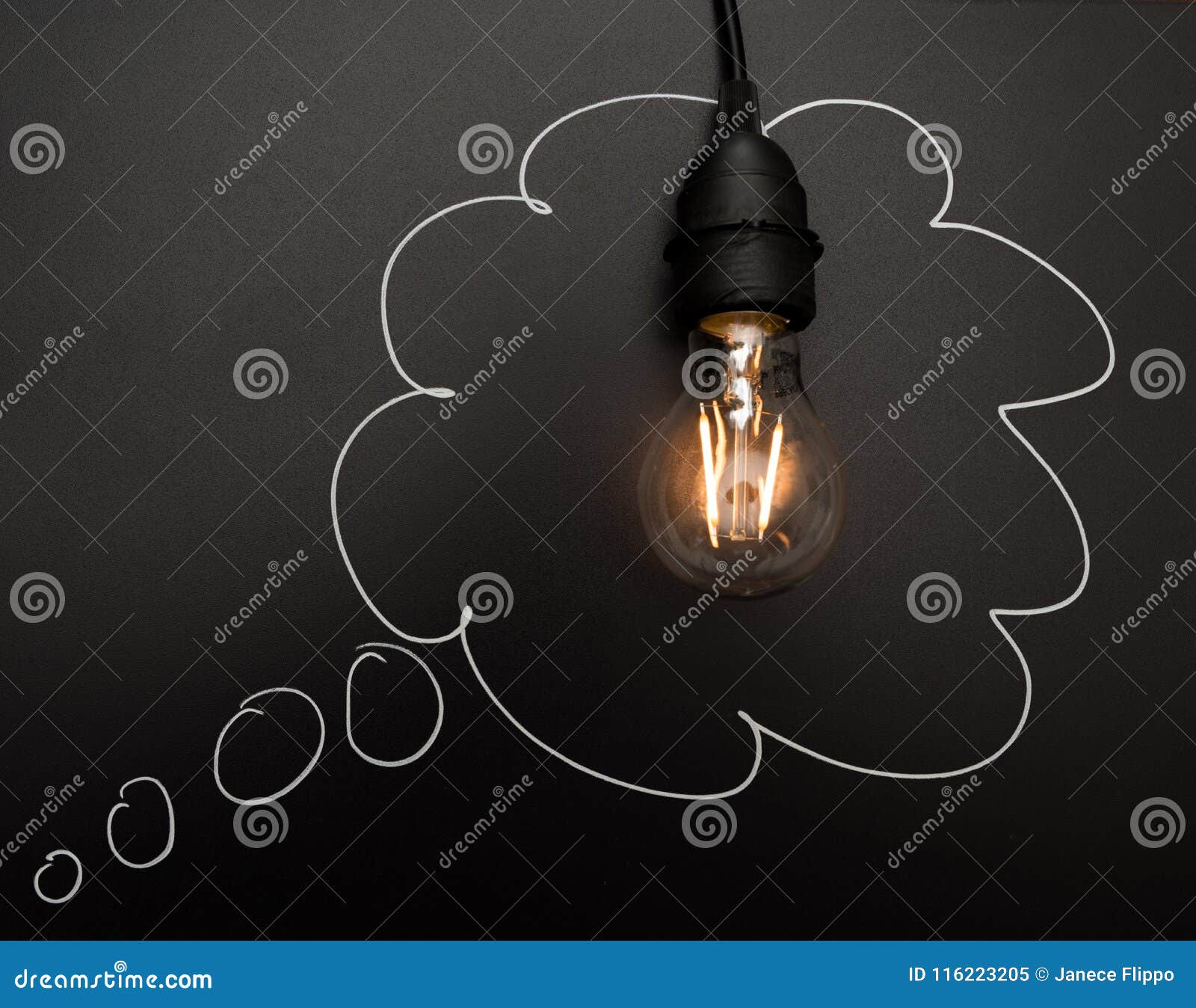 A Thought Bubble on a Chalk Board with a Light Bulb. Creativity Concept ...