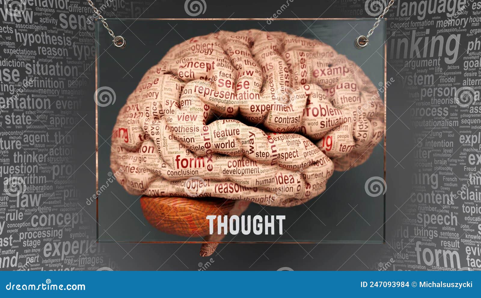 Thought in human brain stock illustration. Illustration of words ...