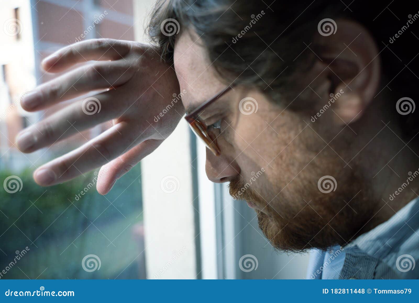 Thoughtful Anxious Guy Looking Out the Window Stock Photo - Image of ...