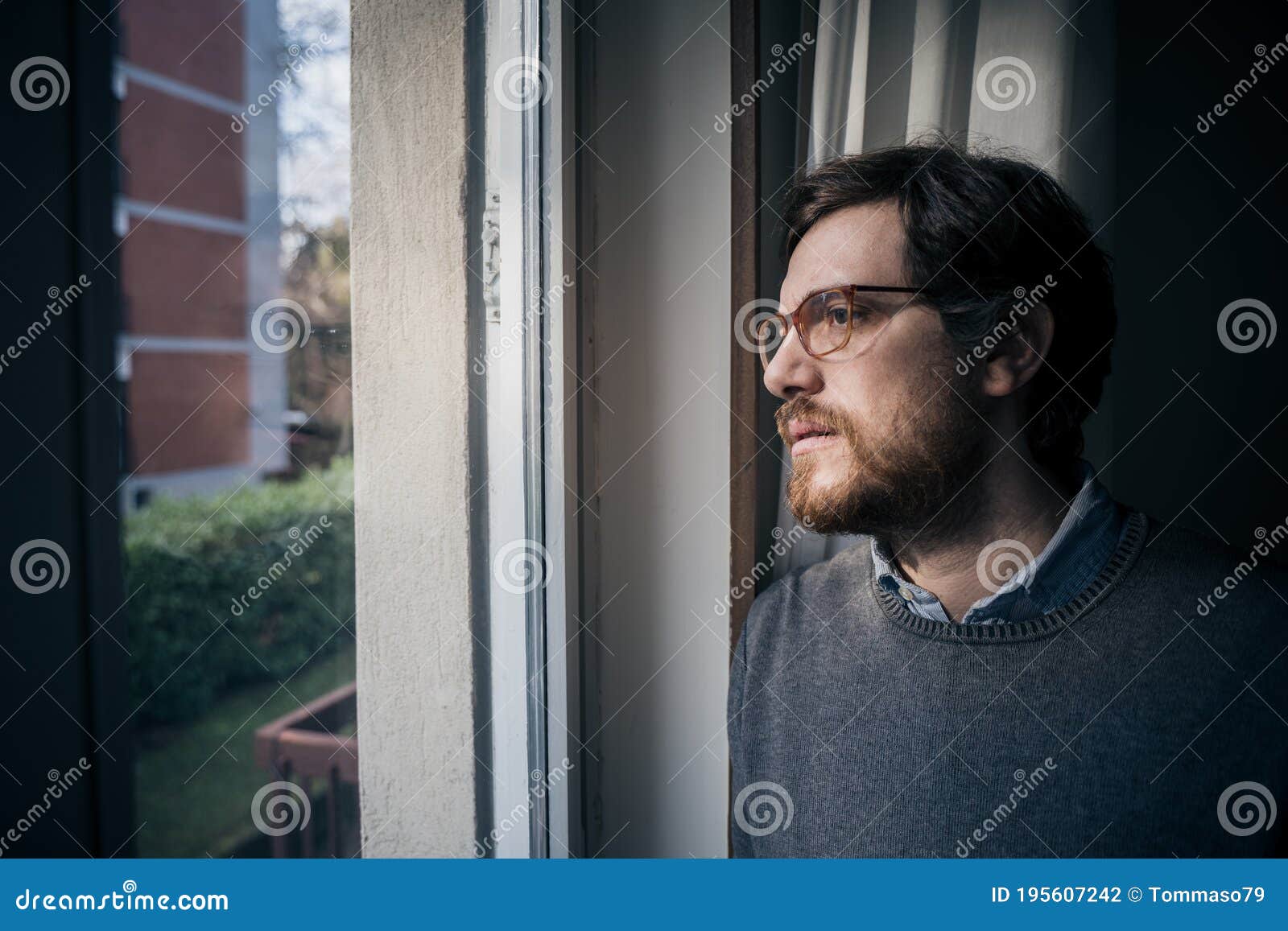Thoughtful Anxious Guy Looking Out the Window Stock Photo - Image of ...
