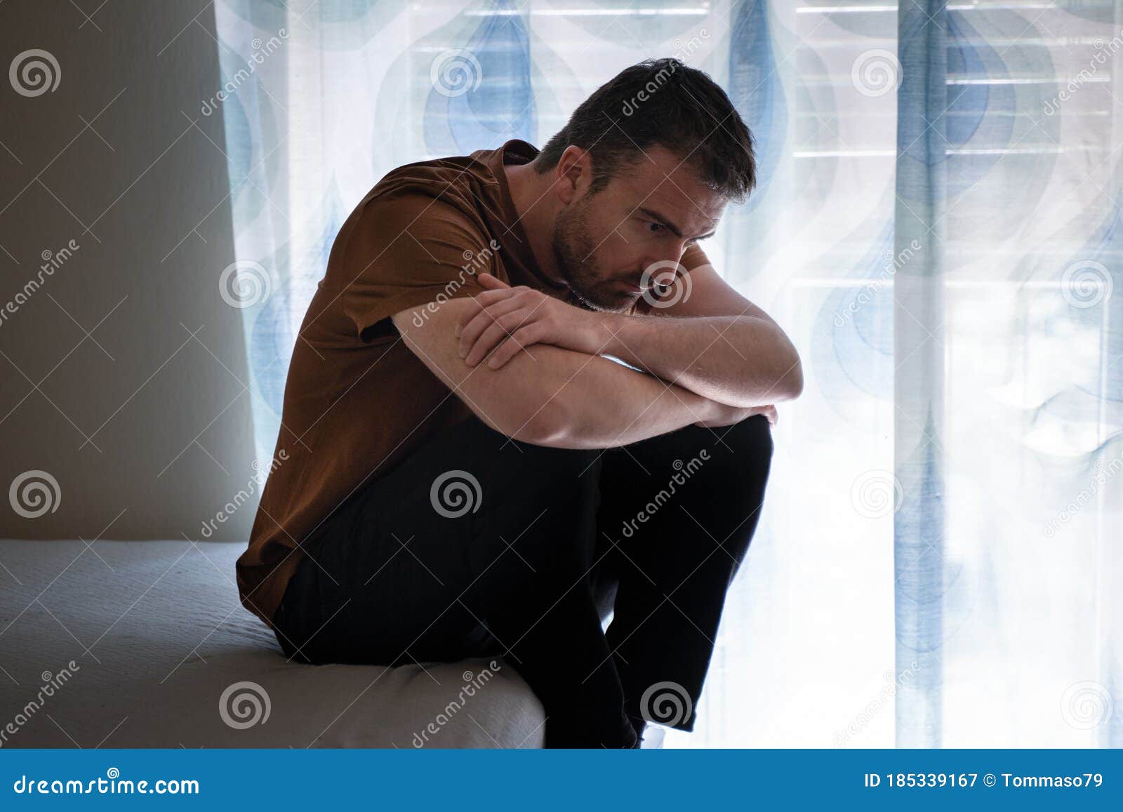 Thoughtful Anxious Guy Portrait Looking Out the Window Stock Image ...