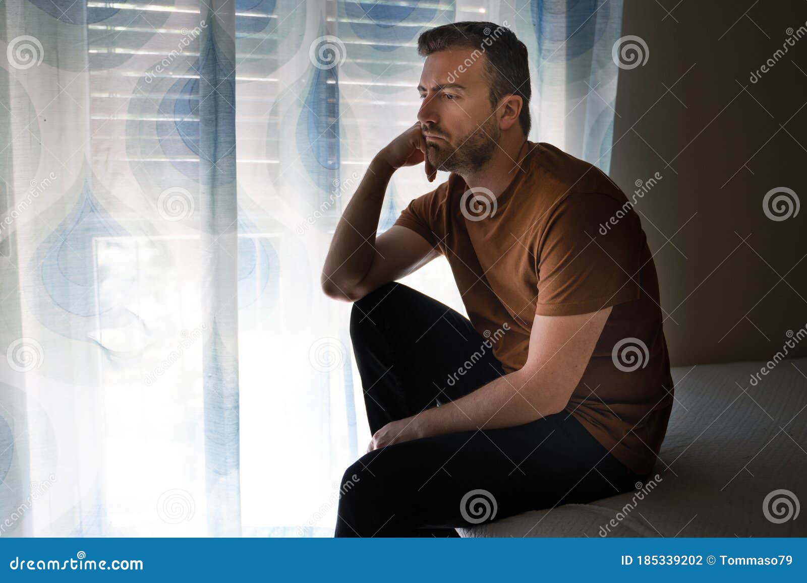 Thoughtful Anxious Guy Portrait Looking Out the Window Stock Photo ...