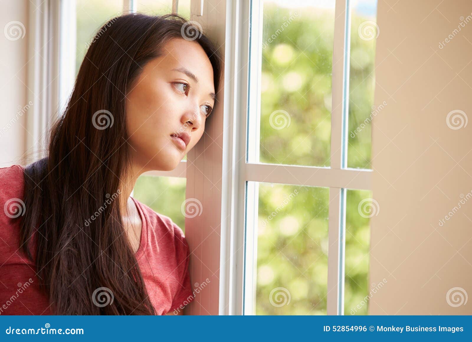 Thoughtful Asian Woman Looking Out of Window Stock Photo - Image of ...