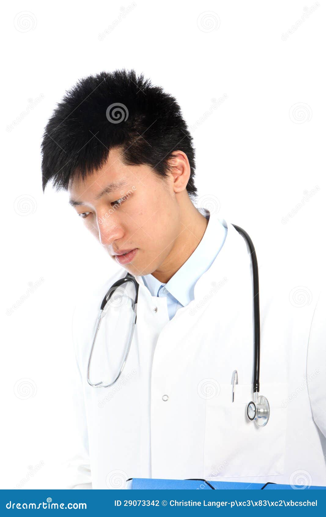 Thoughtful Asian Young Male Doctor Looking Down Stock Photo - Image of ...