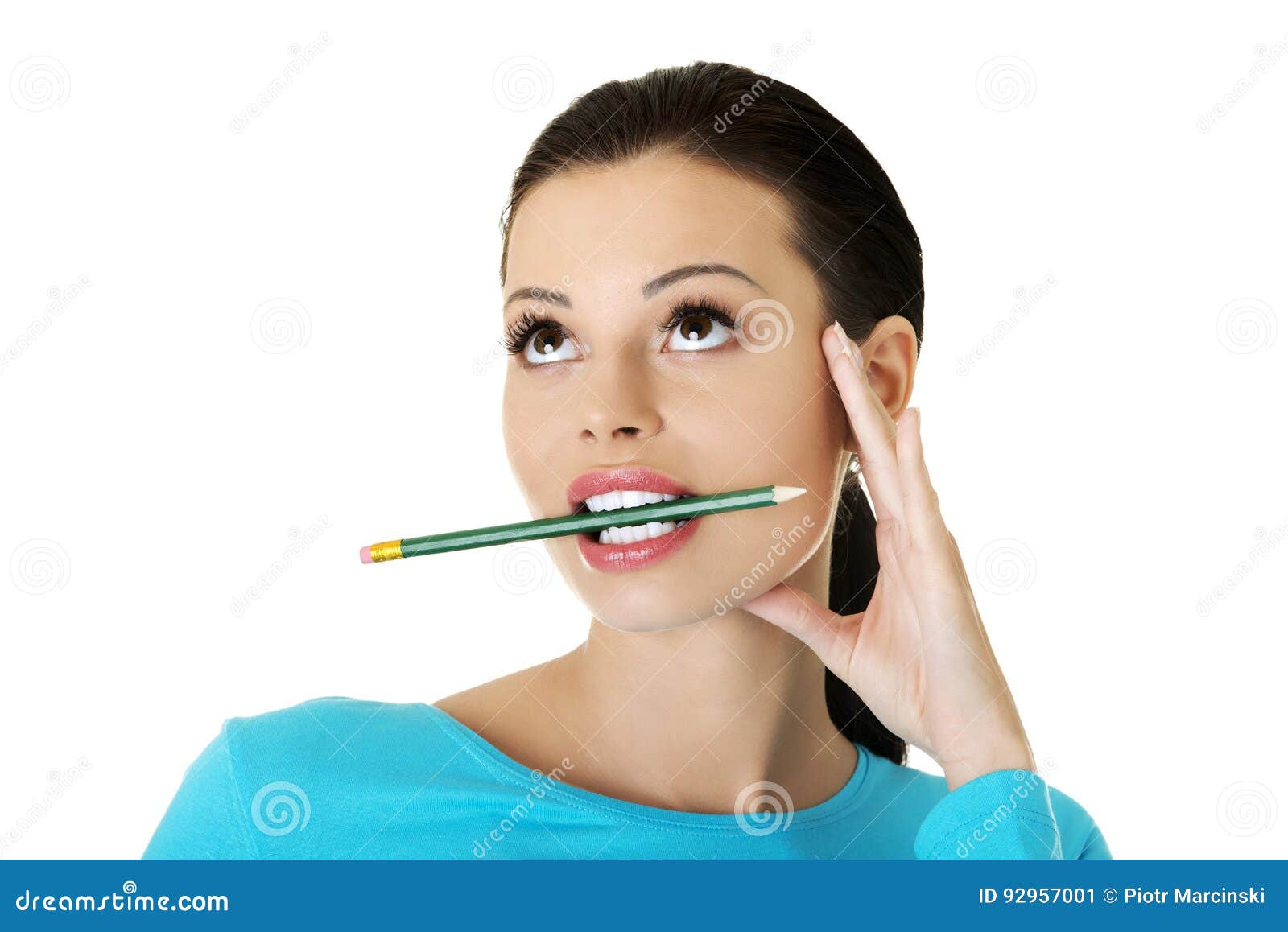 Thoughtful Attractive Student Woman Biting Pencil Stock Image - Image ...