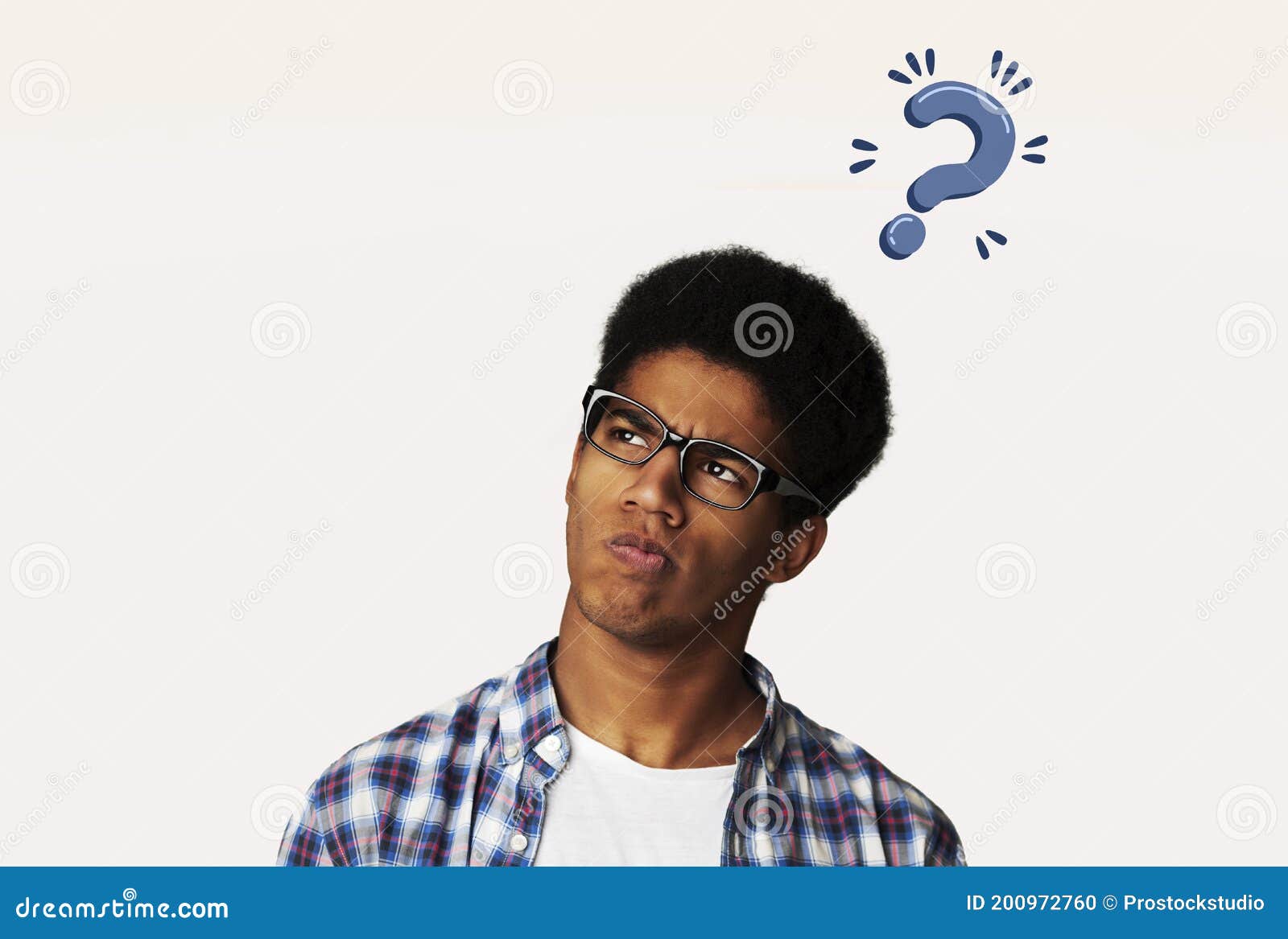 Thoughtful Black Man with Question Mark Over His Head Having Doubts ...