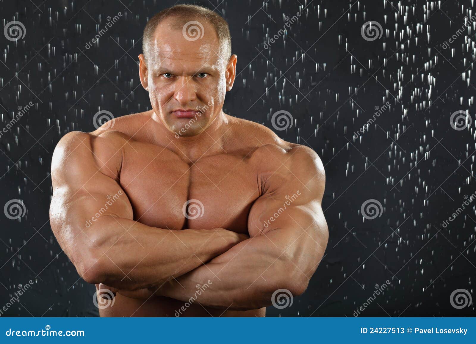 Thoughtful Bodybuilder Stands in Rain Stock Image - Image of front ...