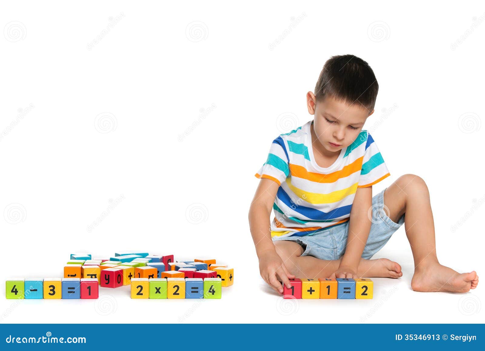 Thoughtful Boy with Blocks on the Floor Stock Image - Image of ...