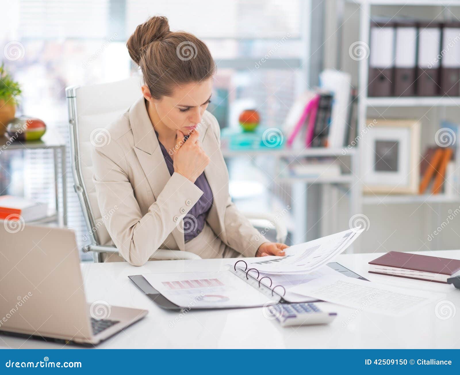 Thoughtful Business Woman Documents in Office Stock Photo - Image of ...