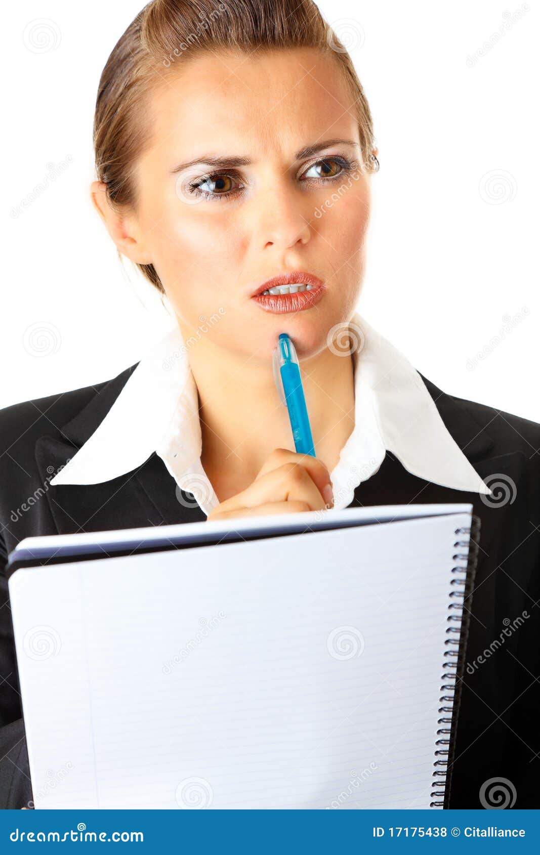 Thoughtful Business Woman Holding Notebook and Pen Stock Photo - Image ...