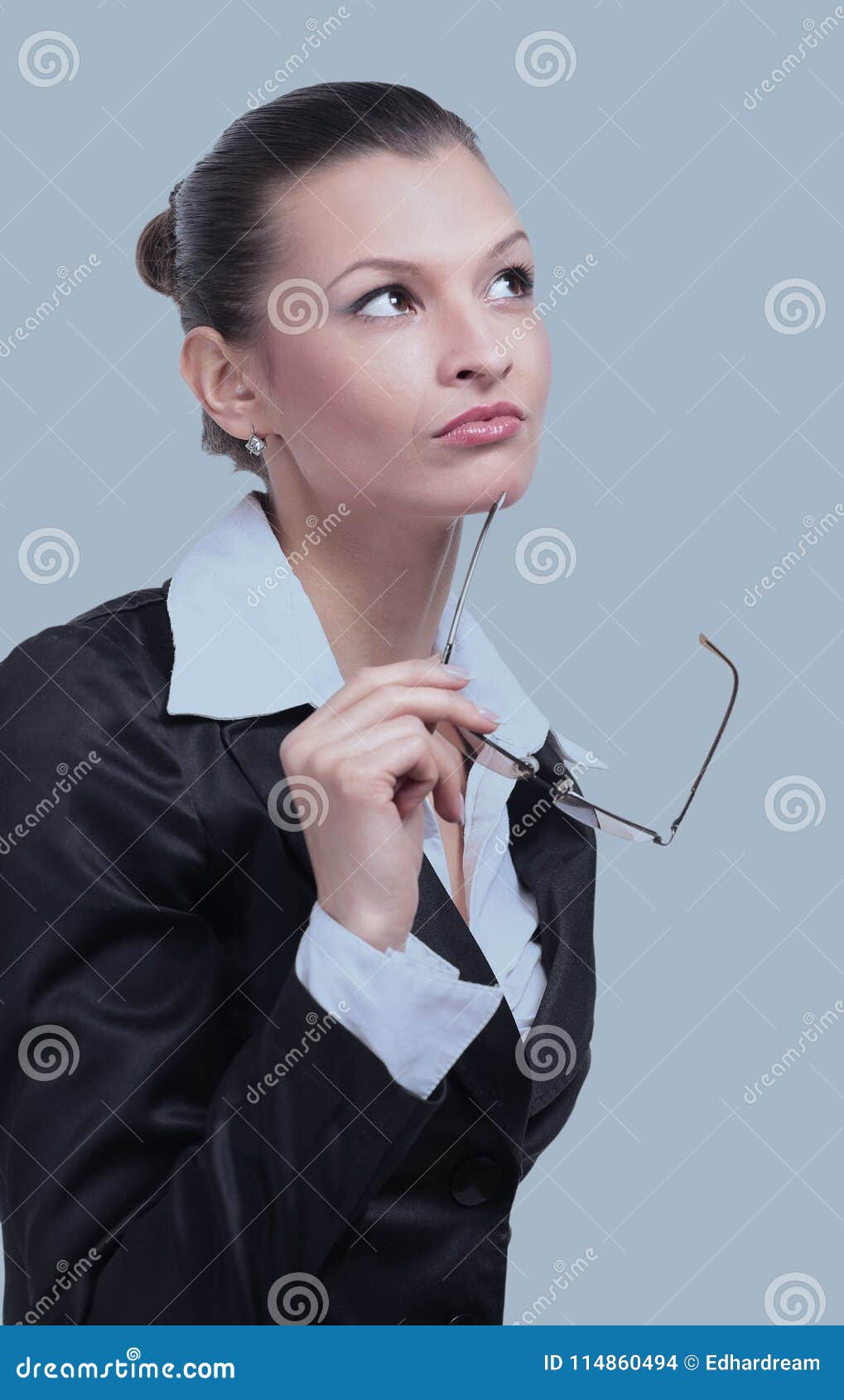 Thoughtful Business Woman Looking Confident . Isolated on Gray Stock ... Thoughtful Business Woman Looking Confident . Isolated on Gray Stock ...