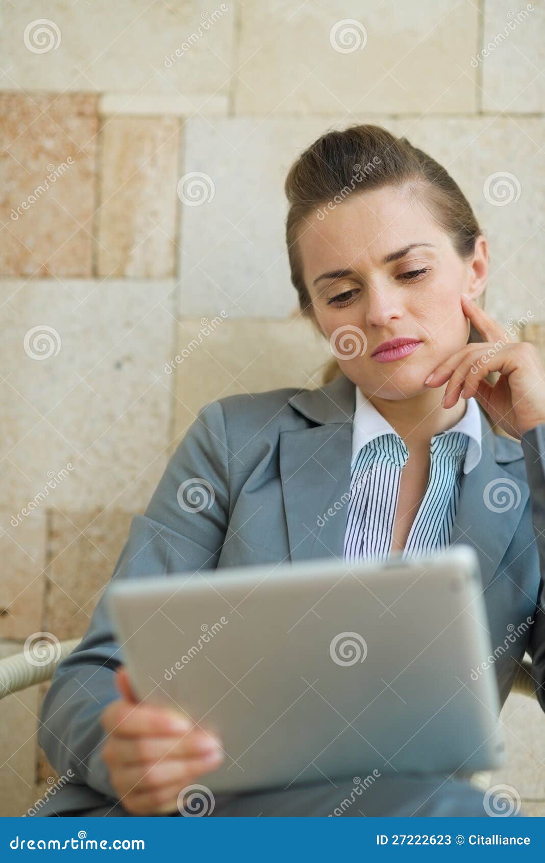 Thoughtful Business Woman Looking in Tablet PC Stock Image - Image of ...