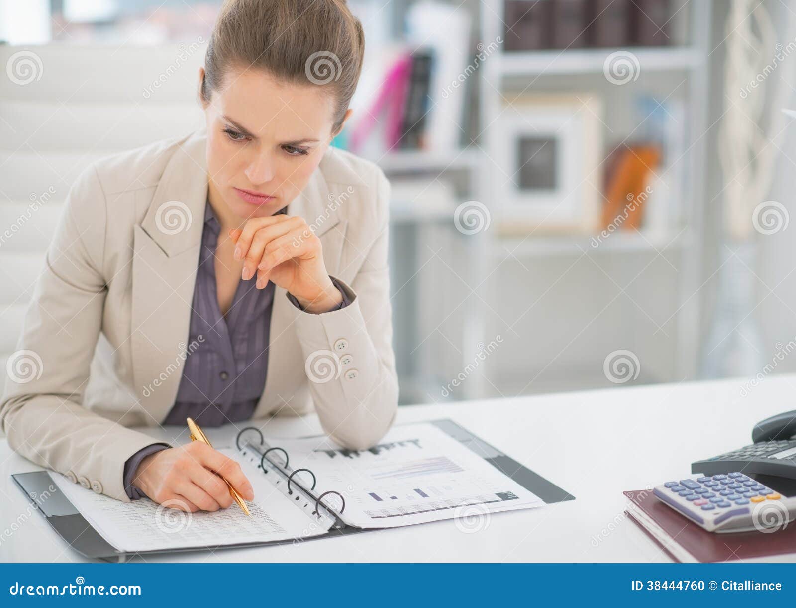 Thoughtful Business Woman Working with Documents Stock Photo - Image of ...