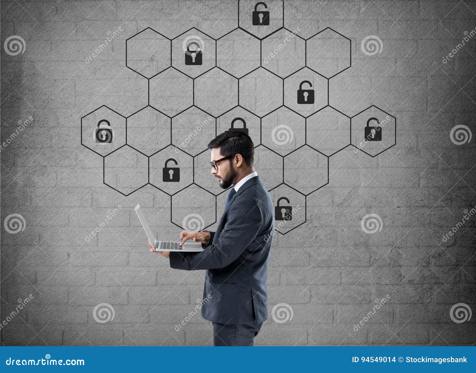 Thoughtful Businessman with Hexagonal Lock Security Concept Stock Photo ...