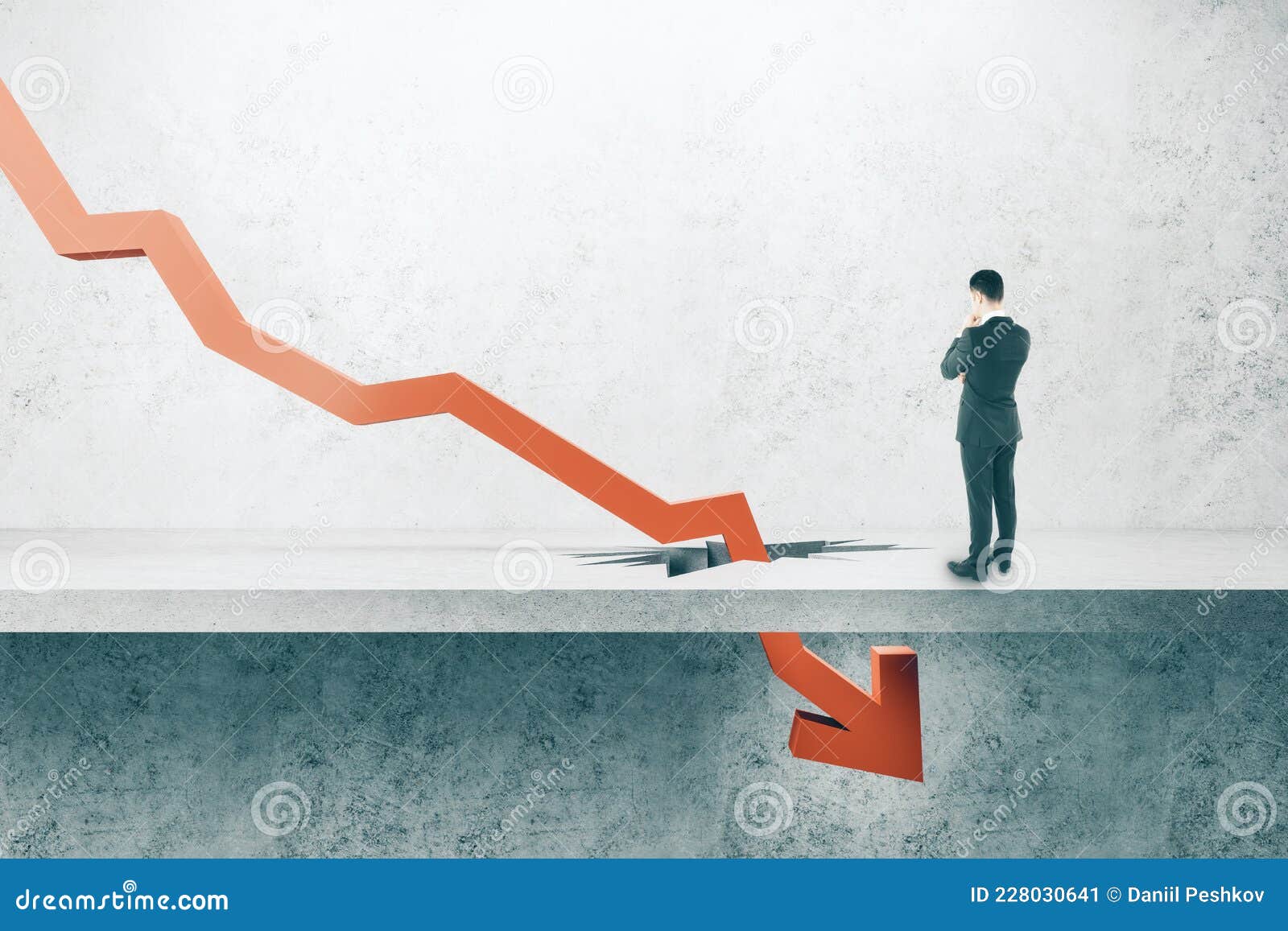 Thoughtful Businessman Looking at Falling Red Arrow Breaking through ... Thoughtful Businessman Looking at Falling Red Arrow Breaking through ...