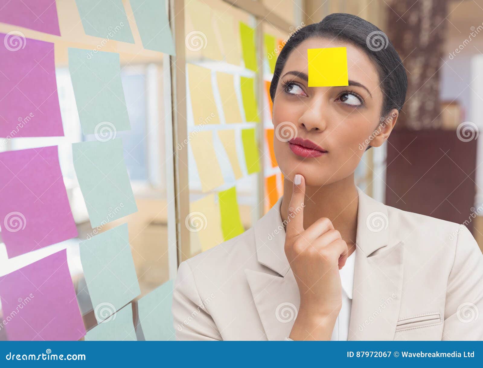 Thoughtful Businesswoman with Blank Sticky Note on Forehead Stock Image ...