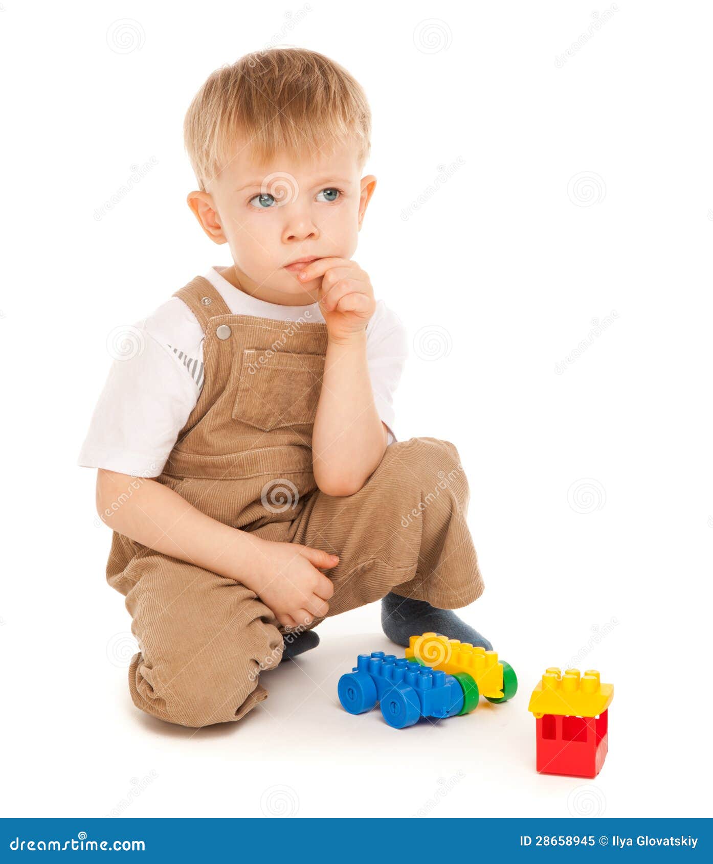 Thoughtful Child Playing with Toys Isolated Stock Image - Image of ...