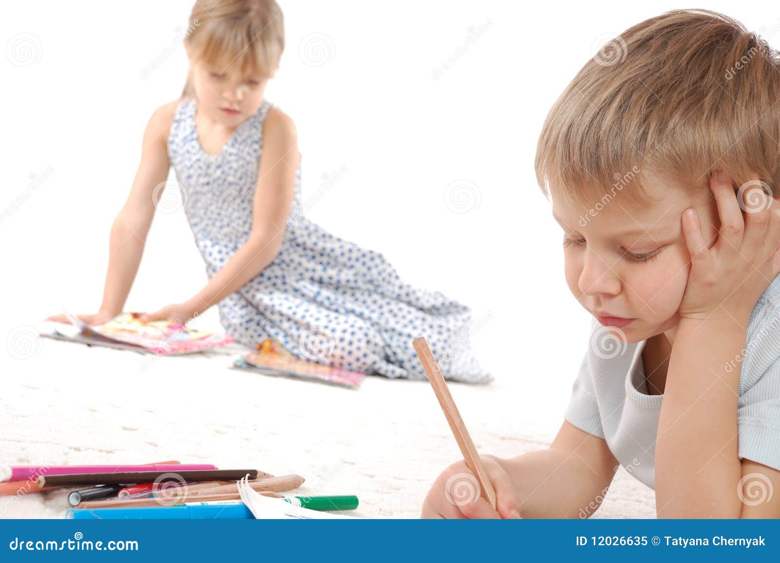 Thoughtful Children Drawing Reading and Writing Stock Image - Image of ...