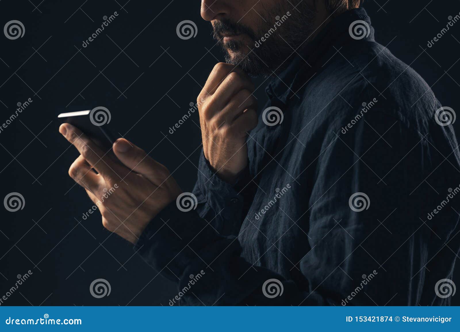 Thoughtful Concerned Man is Reading Text Message Stock Photo - Image of ...