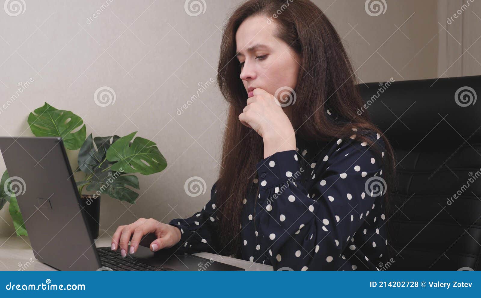 Thoughtful Concerned Woman Working on Laptop Computer Looking Away ...