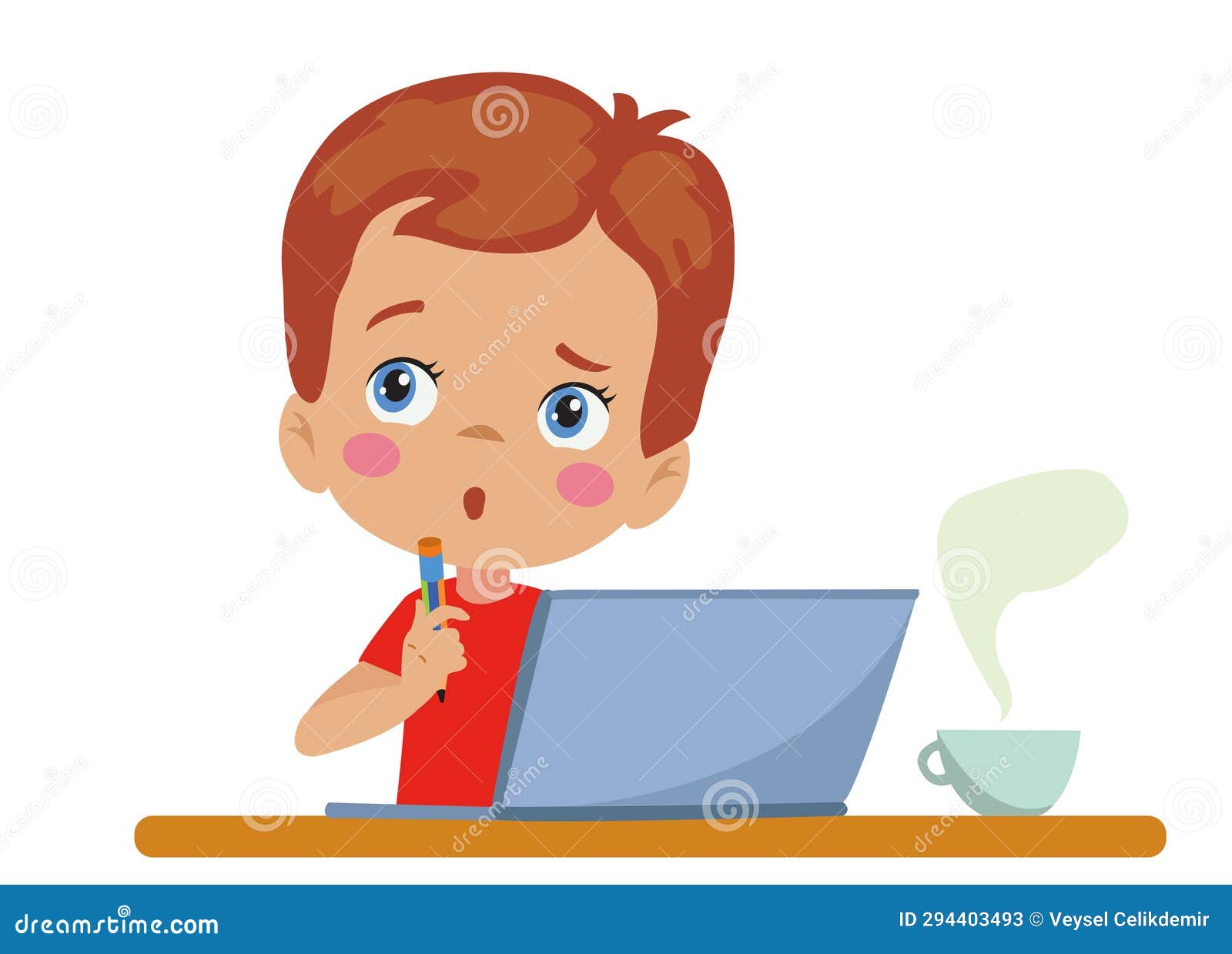 Thoughtful Cute Boy Studying with Computer Stock Illustration ...