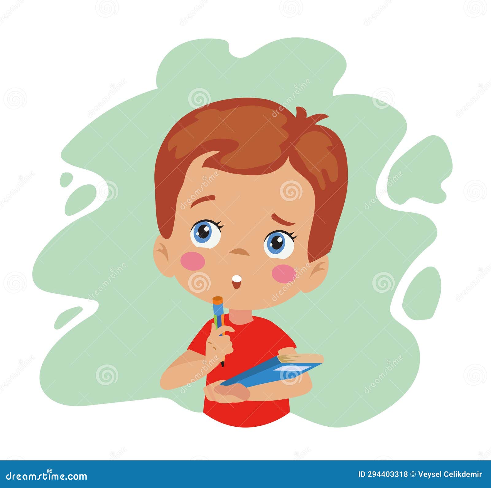 Thoughtful Cute Boy Taking Notes and Book Stock Vector - Illustration ...