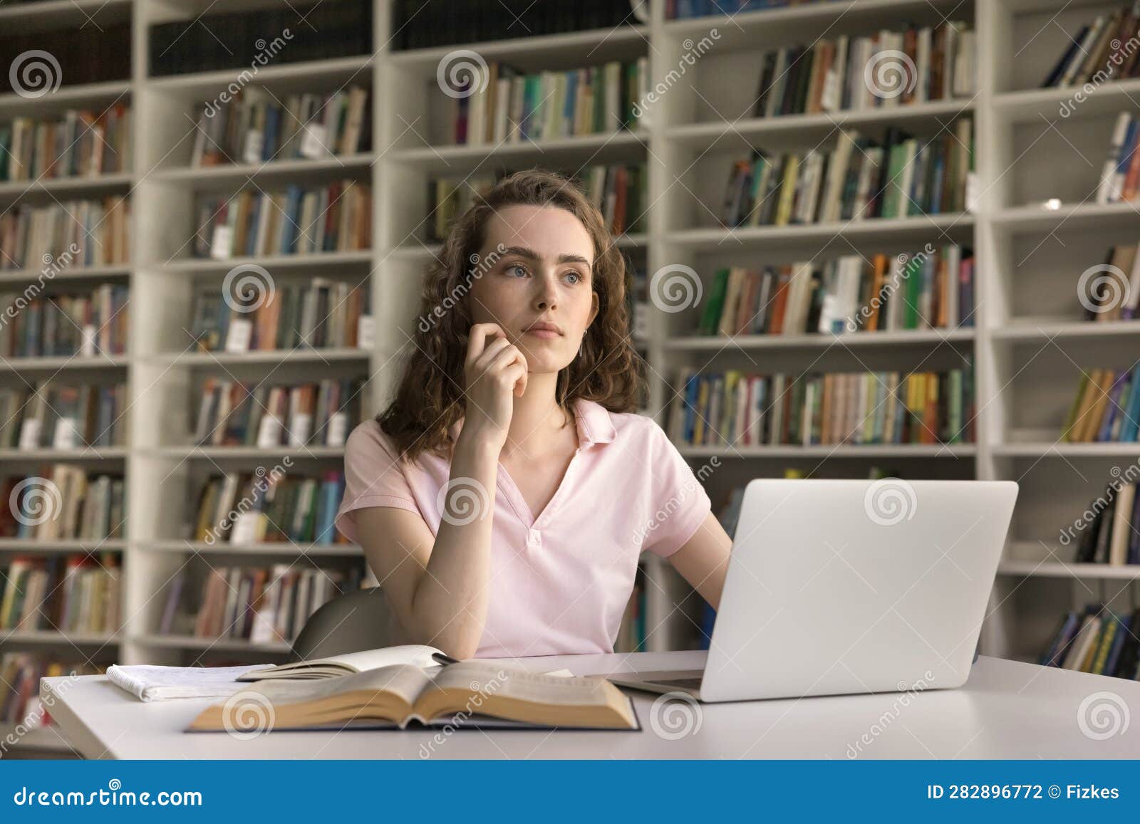 Thoughtful Dreamy Pretty Student Girl Thinking on Research Study Stock ...