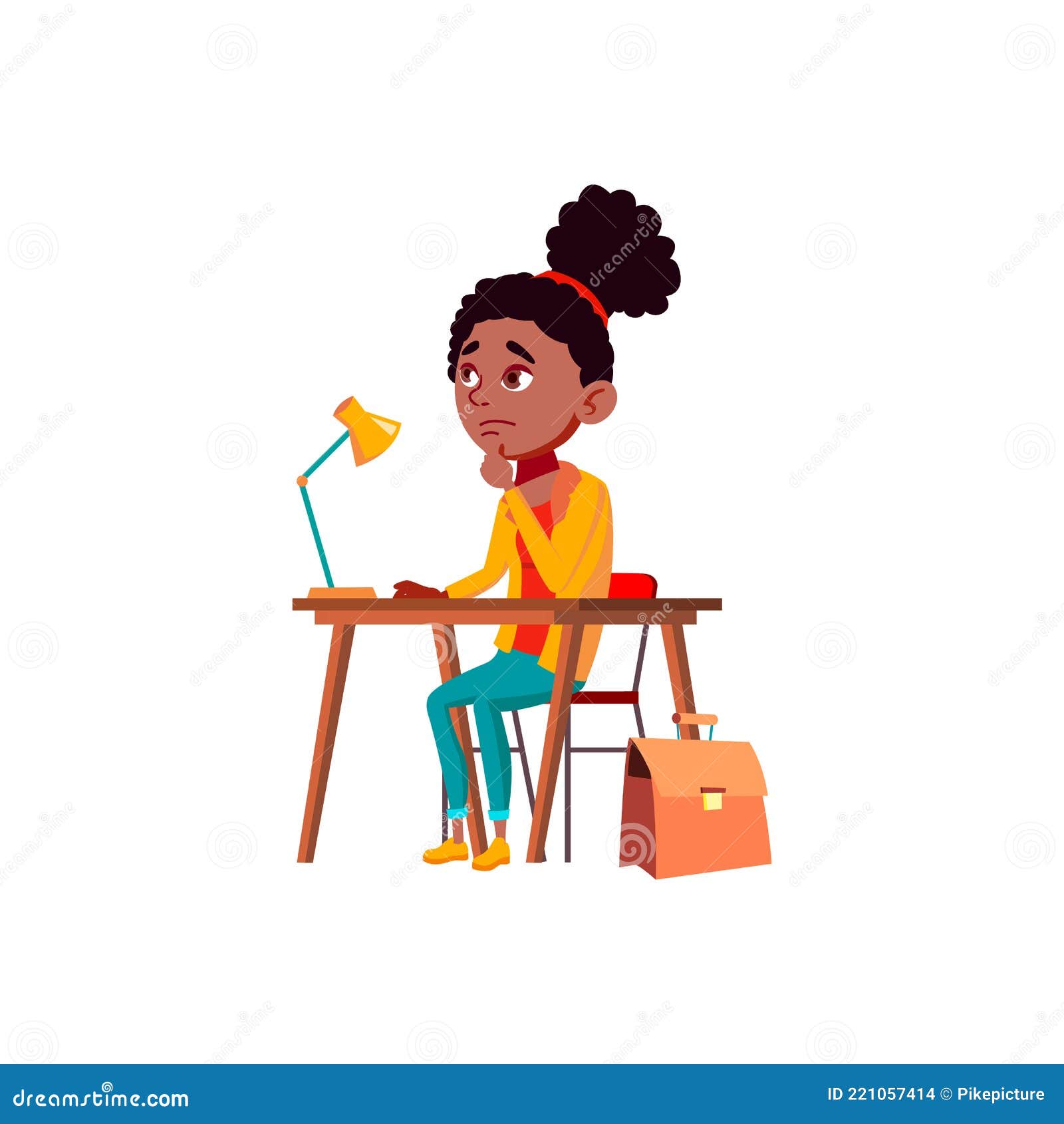 Thoughtful Girl Sitting at Desk Thinking about Math Problem Cartoon ...