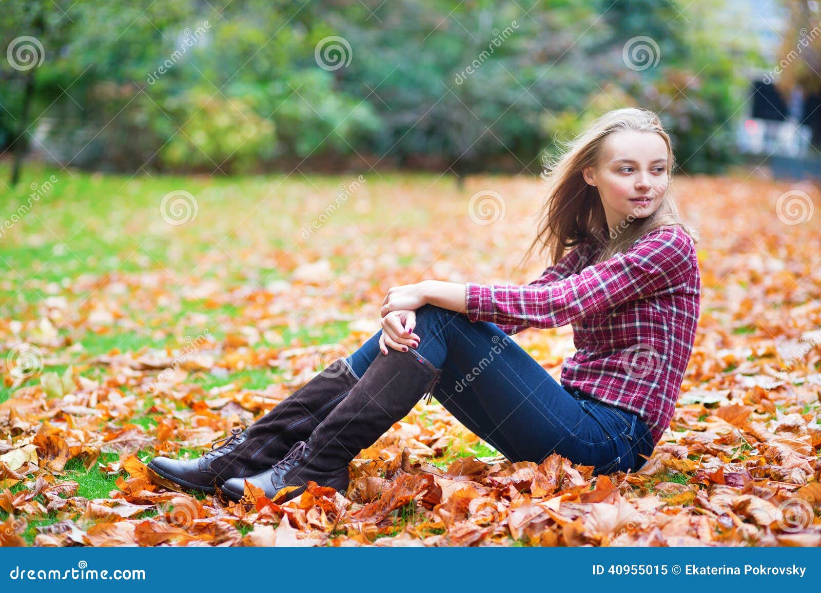 Thoughtful Girl Sitting on the Ground at Fall Stock Image - Image of ...