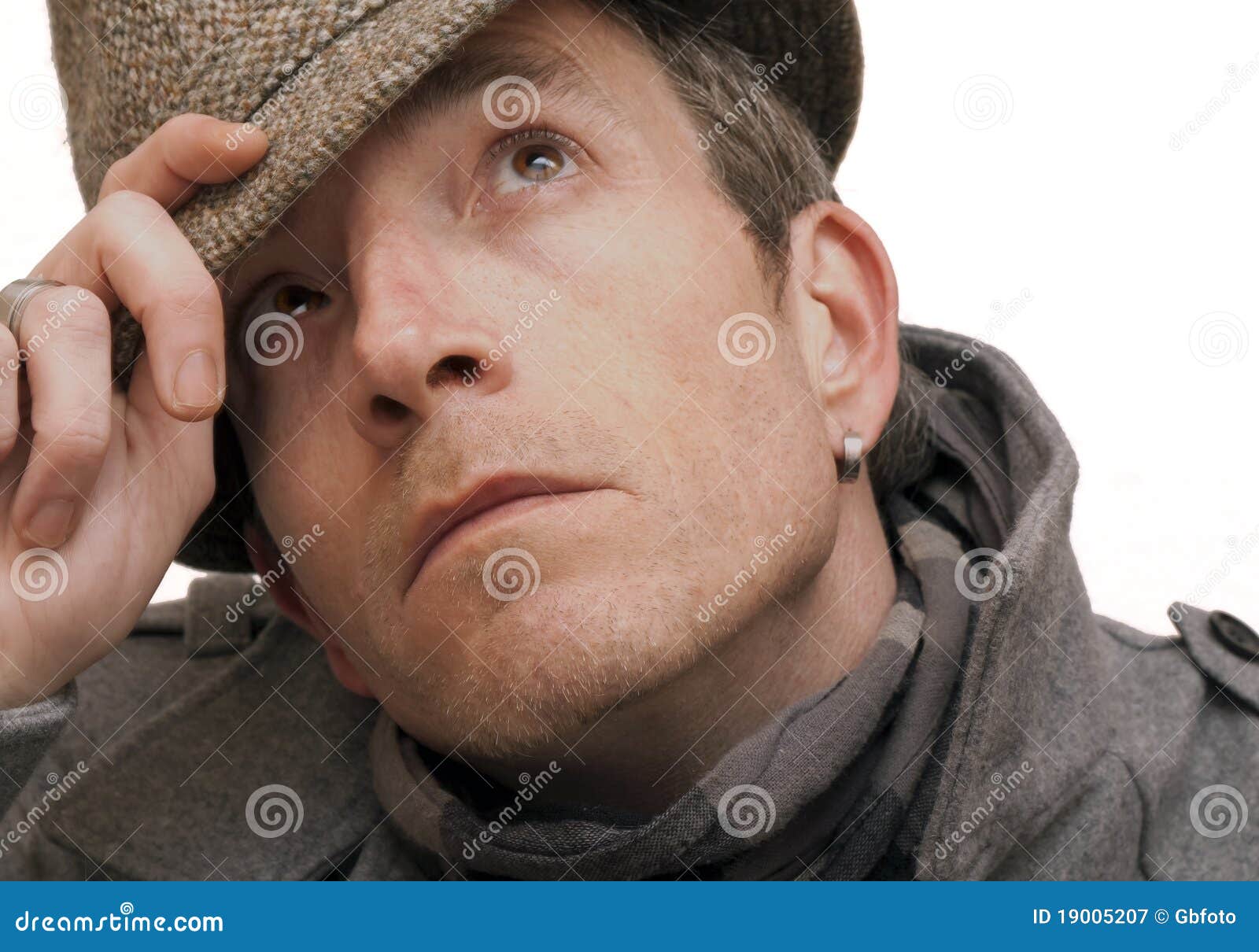 Thoughtful in a hat stock image. Image of grey, headshot - 19005207